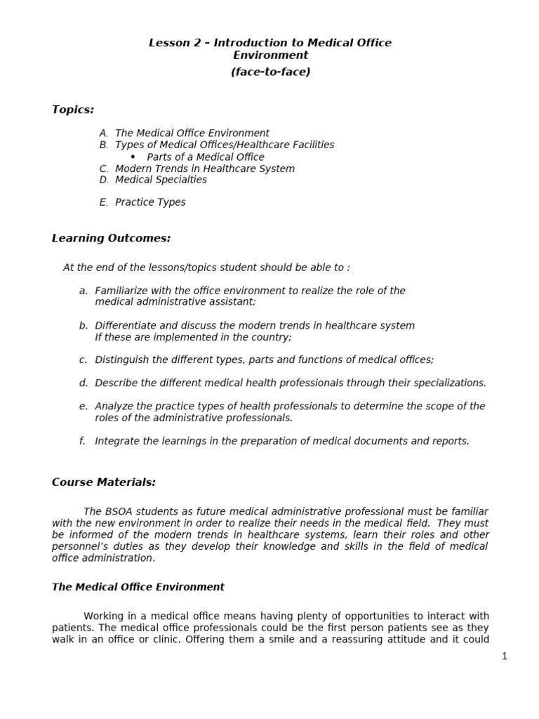 Lesson 2 Introduction To Medical Office Environment | PDF
