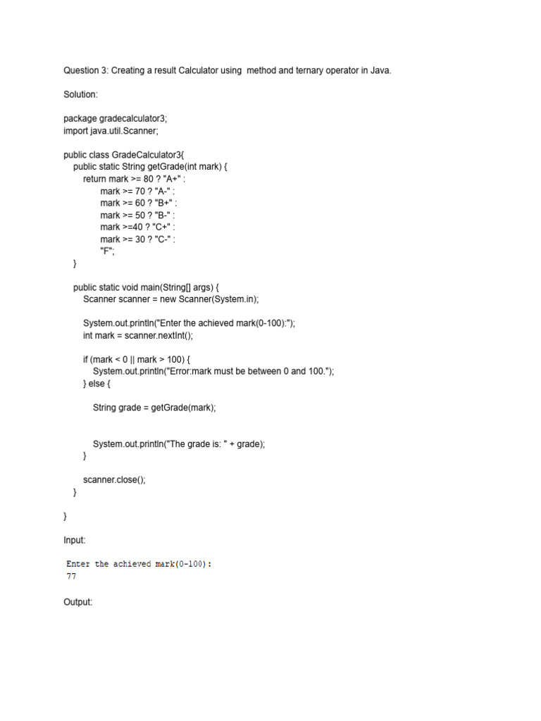 Question 3 - Creating A Result Calculator Using Method and Ternary ...