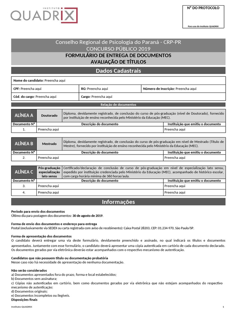 CRP-PR Concurso Público 2019 Formulario de Entrega Avaliação de Titulos ...
