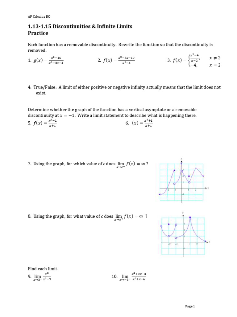 1.13-1.15 Discontinuities - Infinite Limits Practice | PDF