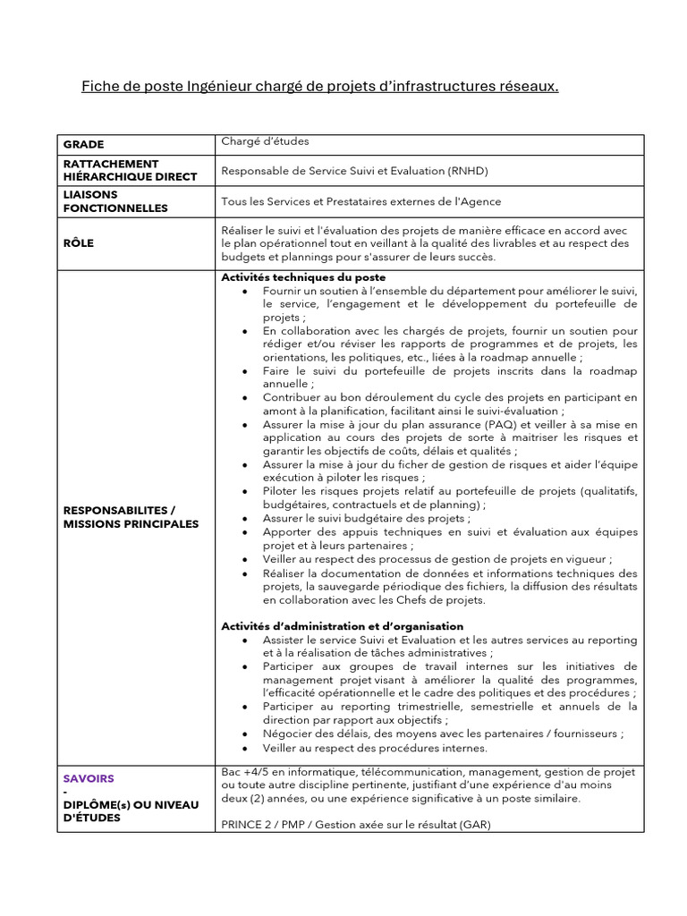 Fiche de Poste Ingénieur Chargé de Projets D'infastructures Réseaux | PDF
