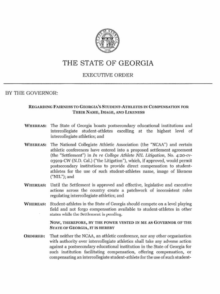 Gov. Kemp Executive Order On NIL | PDF