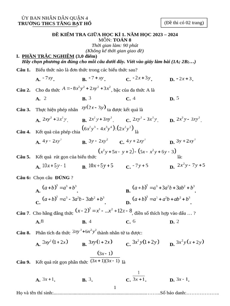 De Giua Hoc Ki 1 Toan 8 Nam 2023 2024 Truong Thcs Tang Bat Ho TP HCM | PDF
