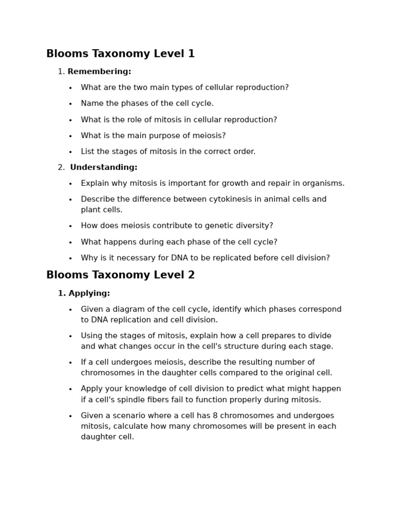 Questions For Celluler Reproduction Bloom Taxonomy | PDF