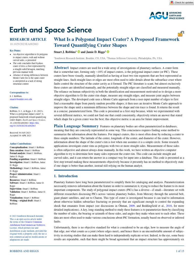 Earth and Space Science - 2023 - Robbins - What Is A Polygonal Impact ... Earth and Space Science - 2023 - Robbins - What Is A Polygonal Impact ...