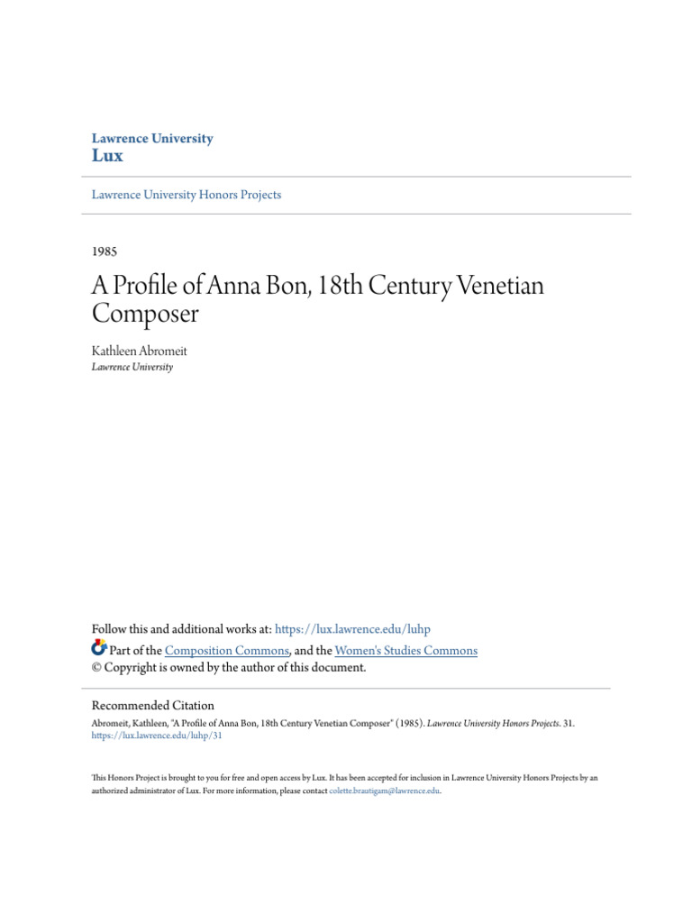 A Profile of Anna Bon 18th Century Venetian Composer | PDF