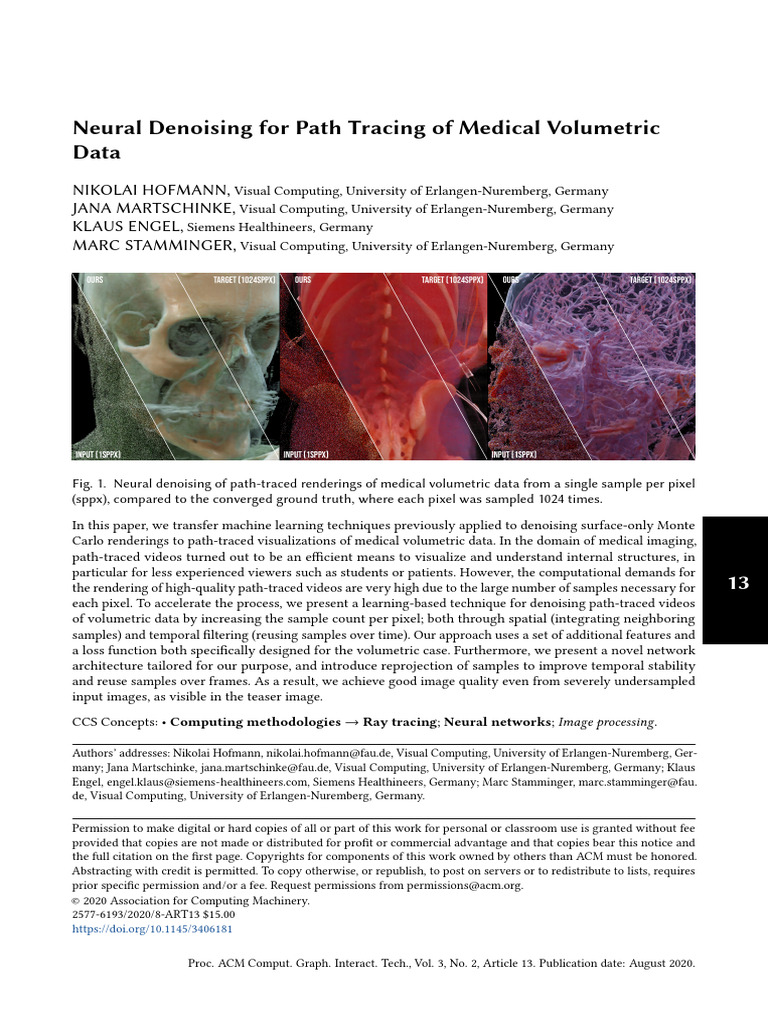Neural Denoising For Path Tracing of Medical Volumetric Data | PDF