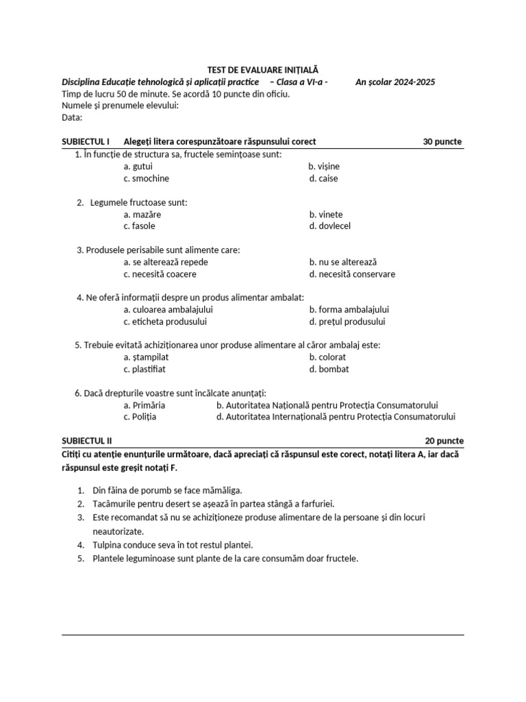 Test Initial Clasa A 6 A | PDF