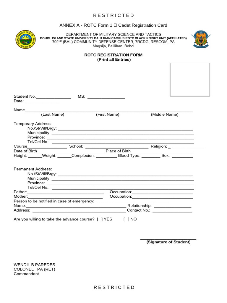 Rotc Registration Form | PDF