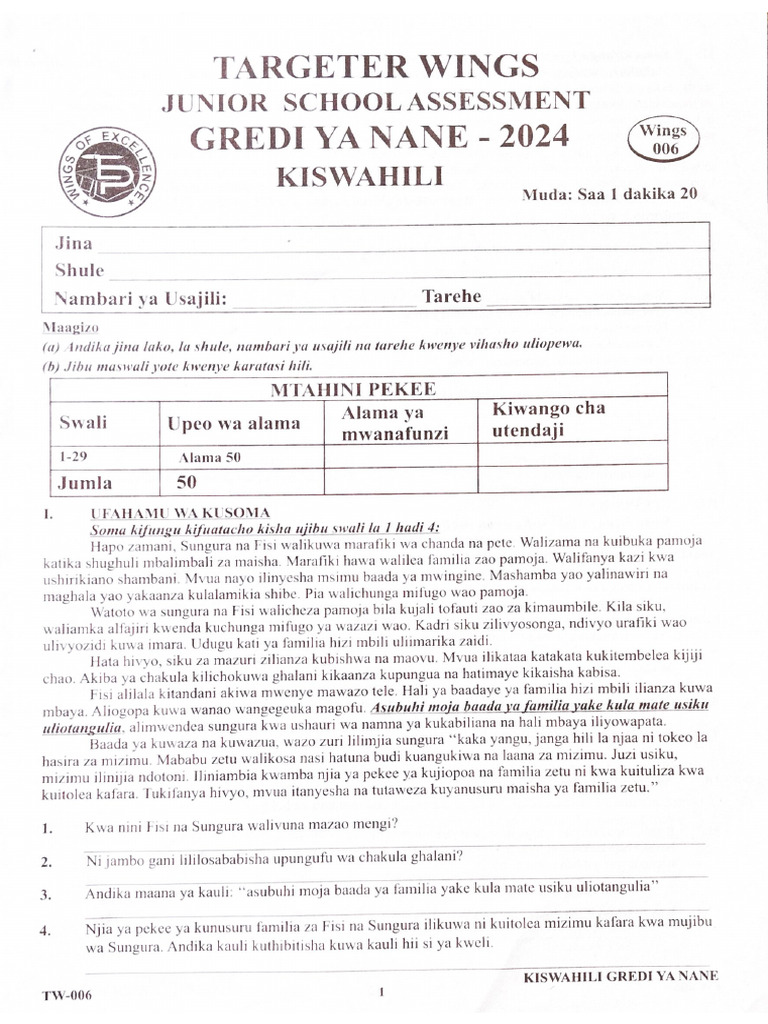 Targeter 006 Grade 8 Kiswahili | PDF