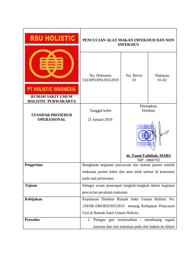 Spo Pencucian Alat Makan Infeksius Dan Non Infeksius | PDF