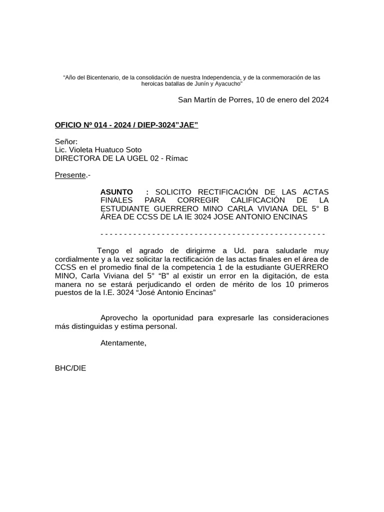 Oficio 014-2024 Solicito Rectificación de Las Actas Finales de La Ie 3024 Jose Antonio Encinas | PDF
