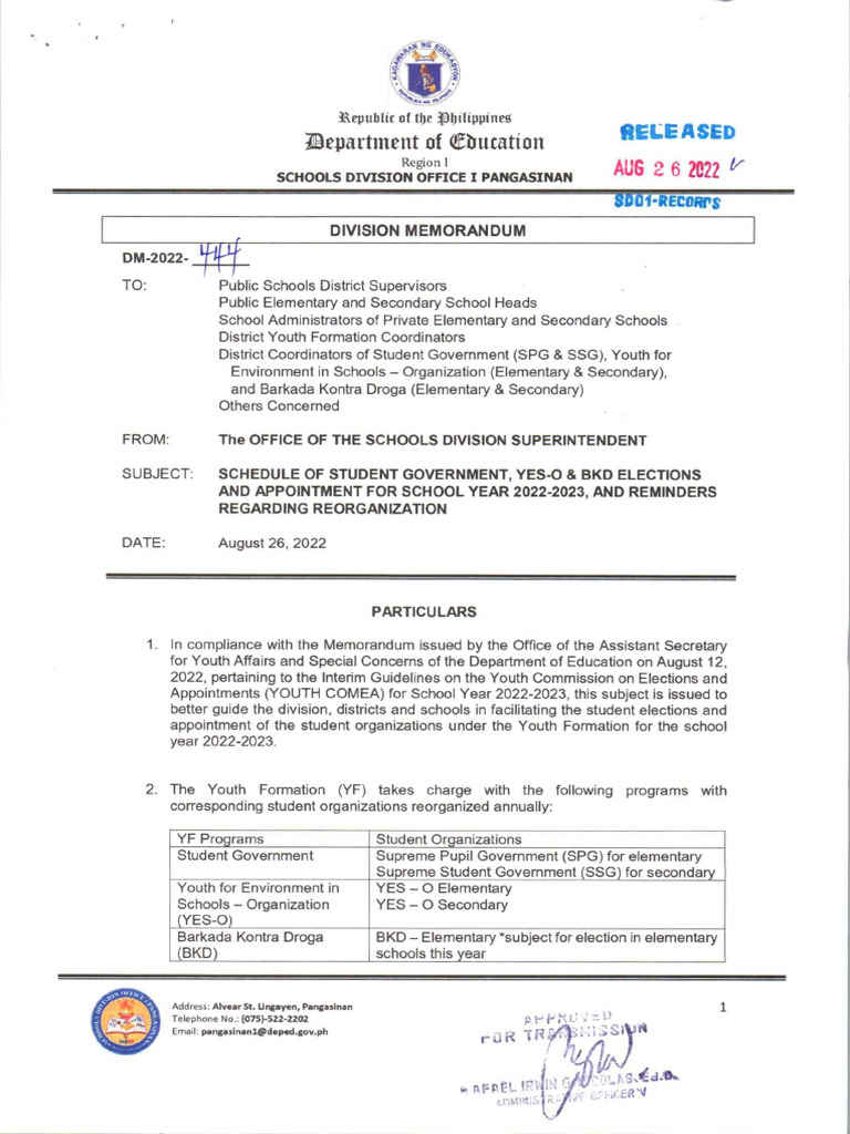 DM444s2022-Schedule of Student Government, Yes-O & BKD Elections and Appointment for School Year ...