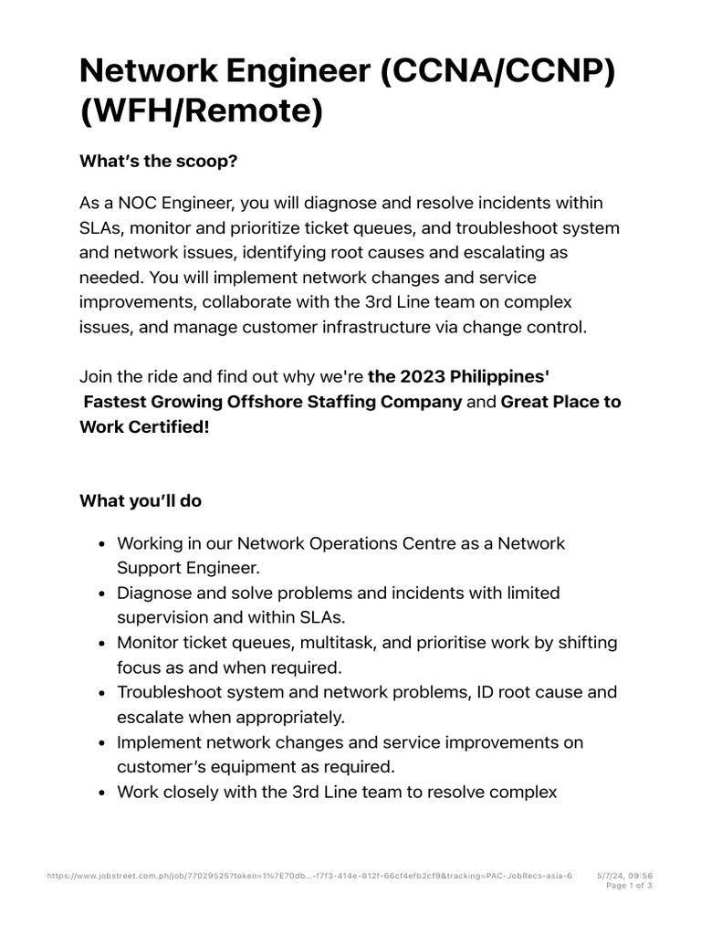 Network Engineer (CCNA-CCNP) (WFH-Remote) Job in Metro Manila - Jobstreet | PDF
