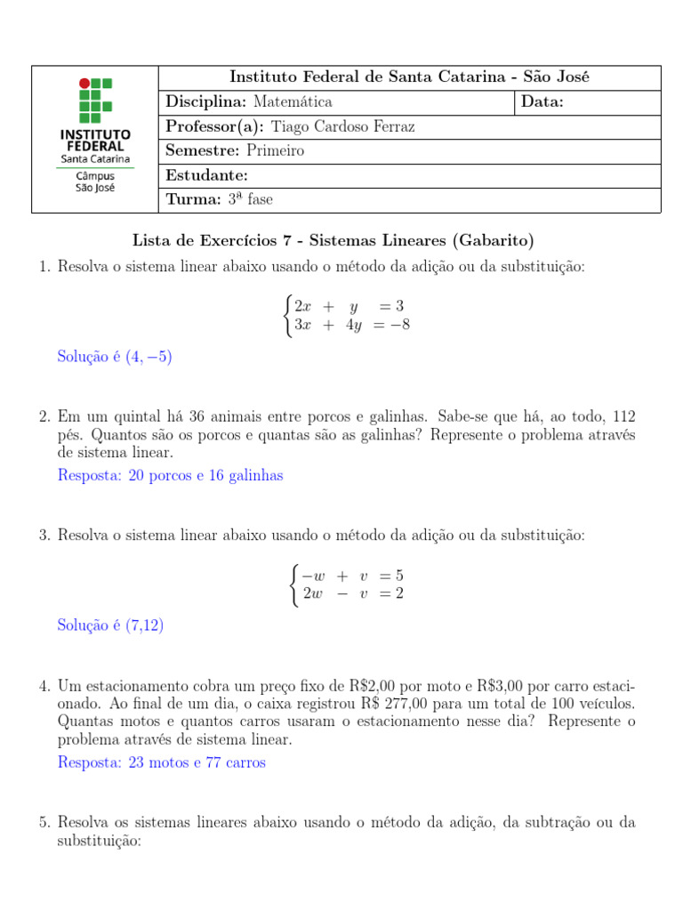 Lista_de_Exercícios_7___Sistemas_Lineares___Gabarito | PDF