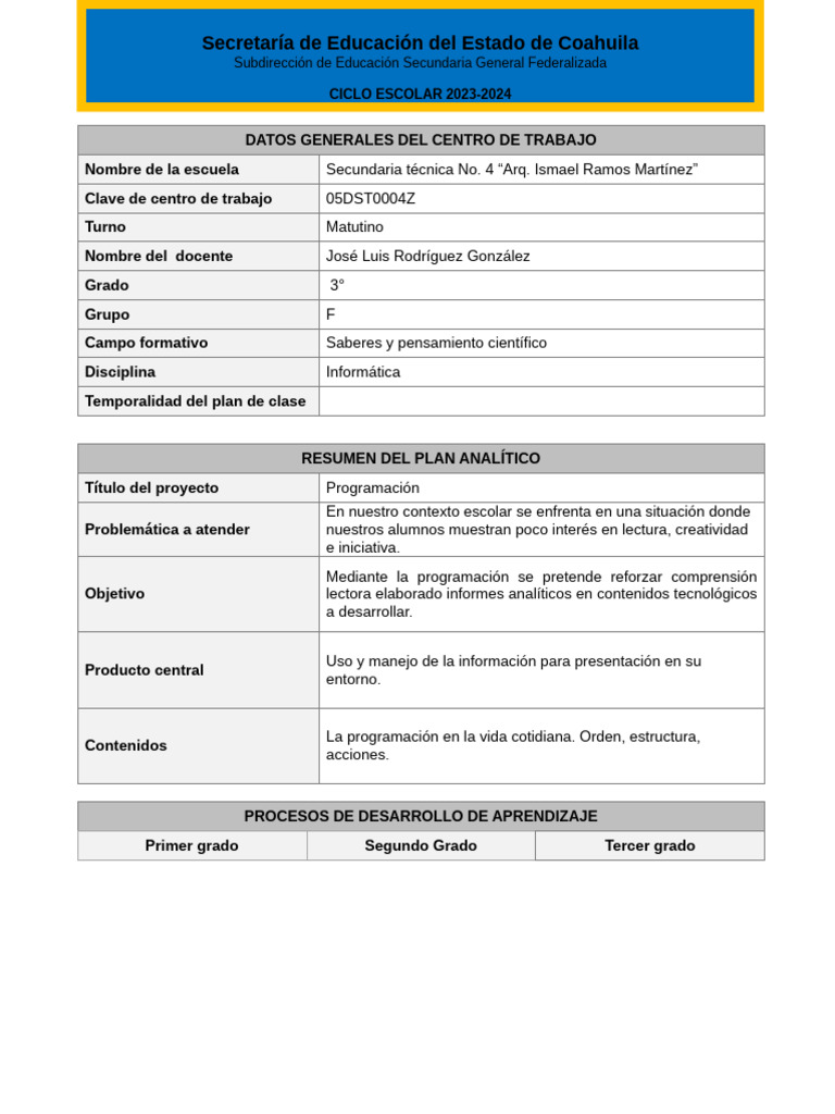 PLAN ANALÍTICO Informatica - PROYECTO Programacion | PDF