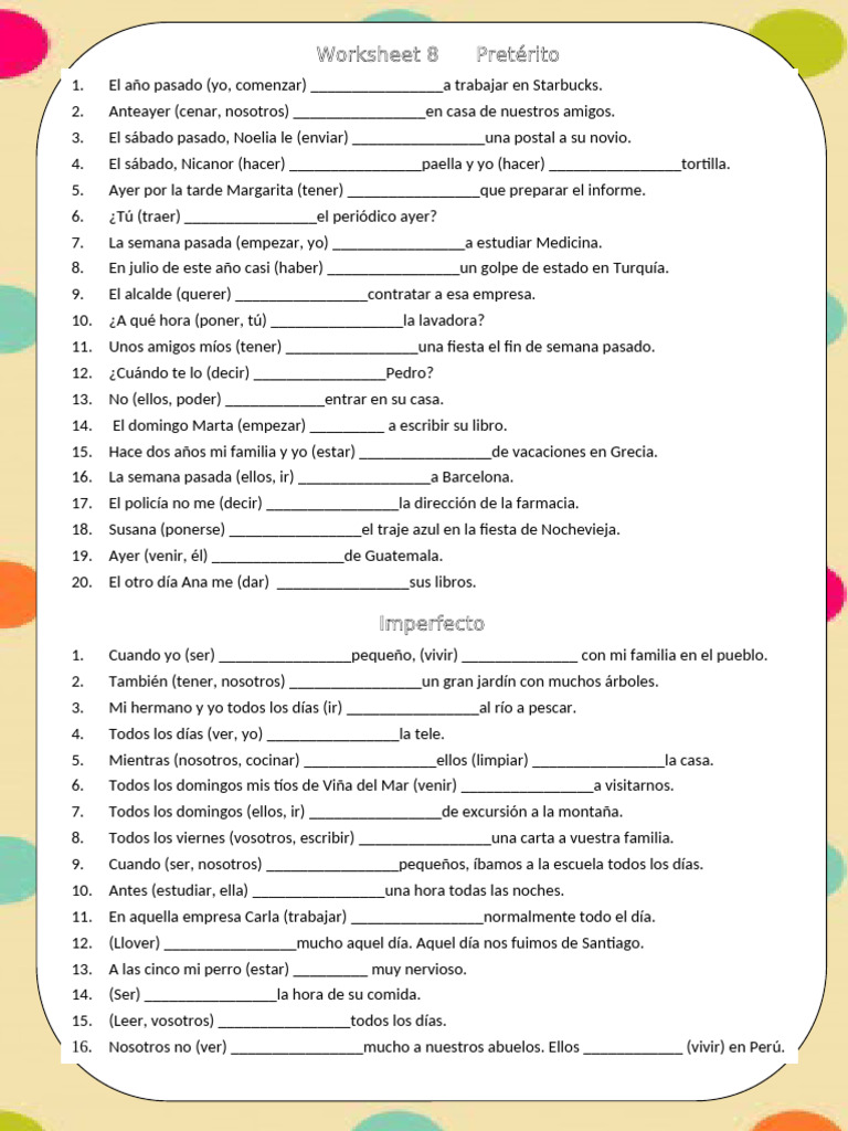 SPAN2001-Worksheet 8-El Pretérito Vs El Imperfecto-Ejercicios | PDF