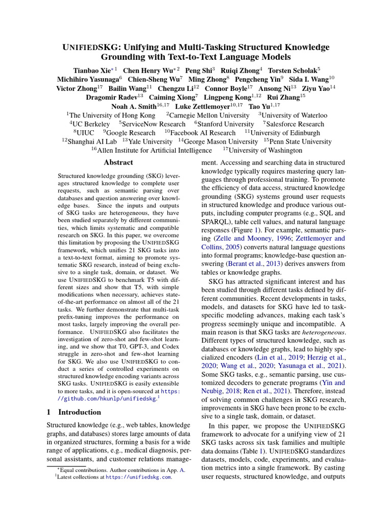 U SKG: Unifying and Multi-Tasking Structured Knowledge Grounding With Text-to-Text Language ...