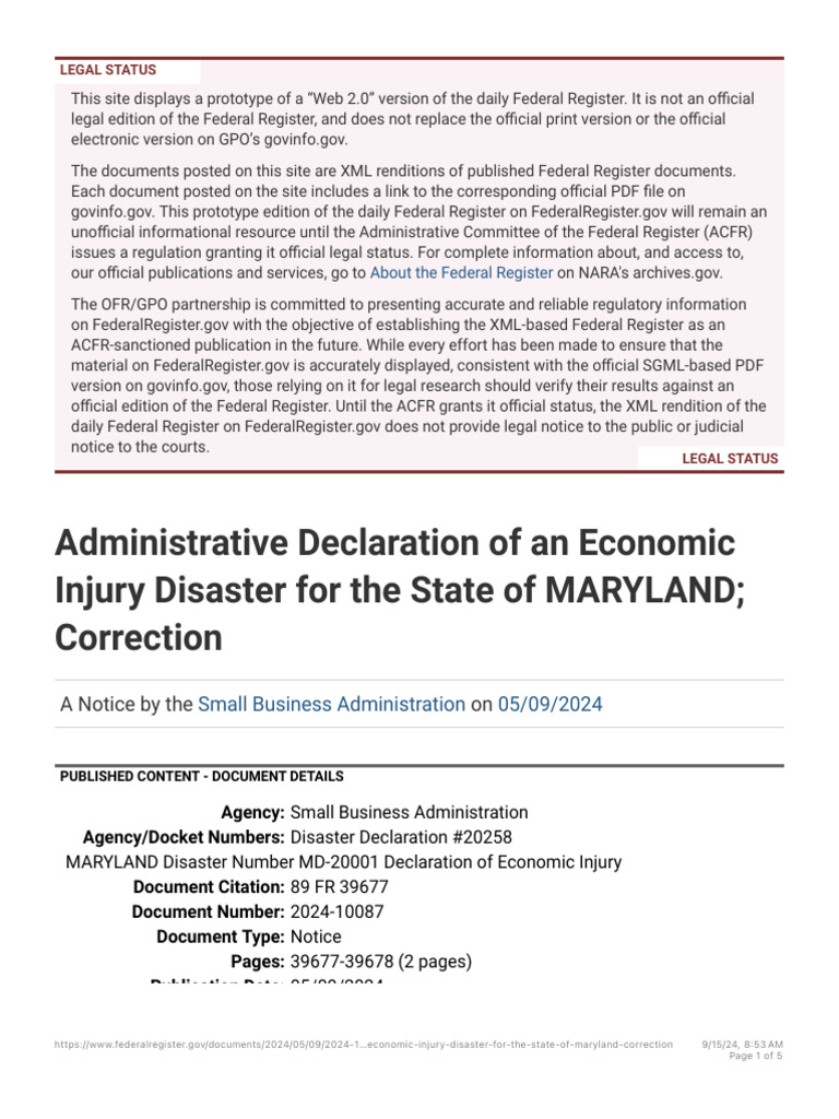 Federal Register - Administrative Declaration of An Economic Injury ...