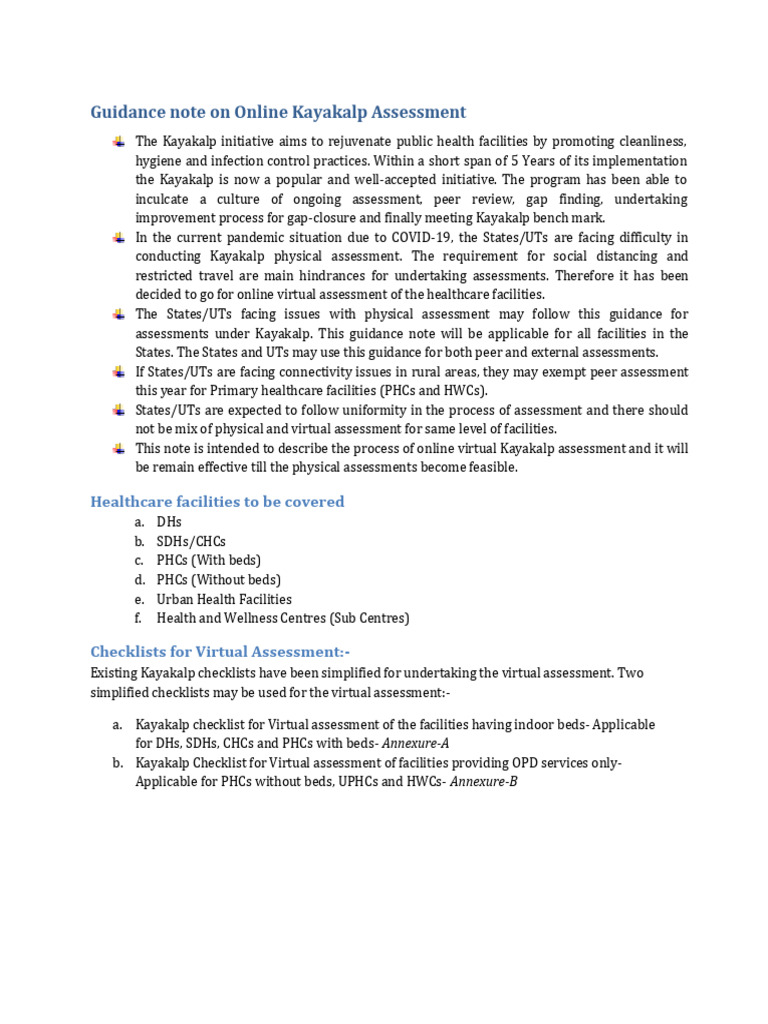 Guidance Note Pertaining To Virtual Assessment Under Kayakalp | PDF