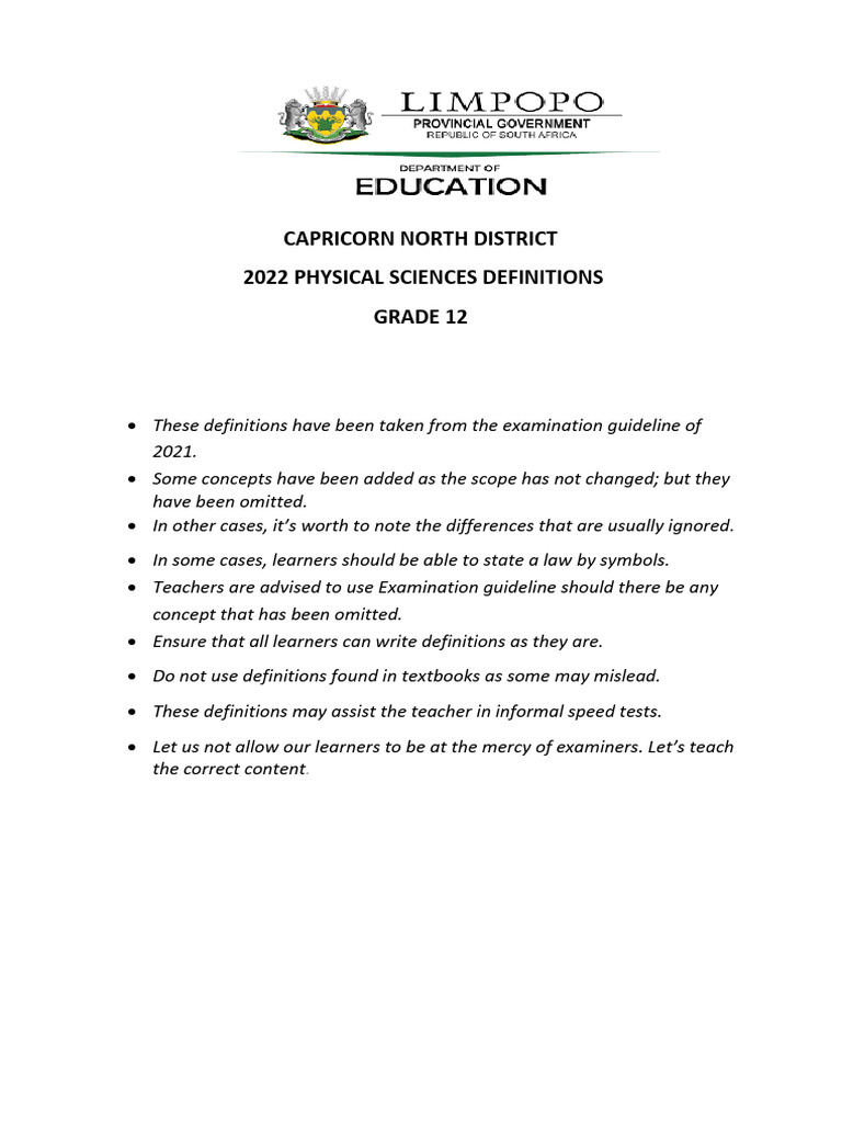 2022 Grade 12 Definitions Physical Sciences | PDF