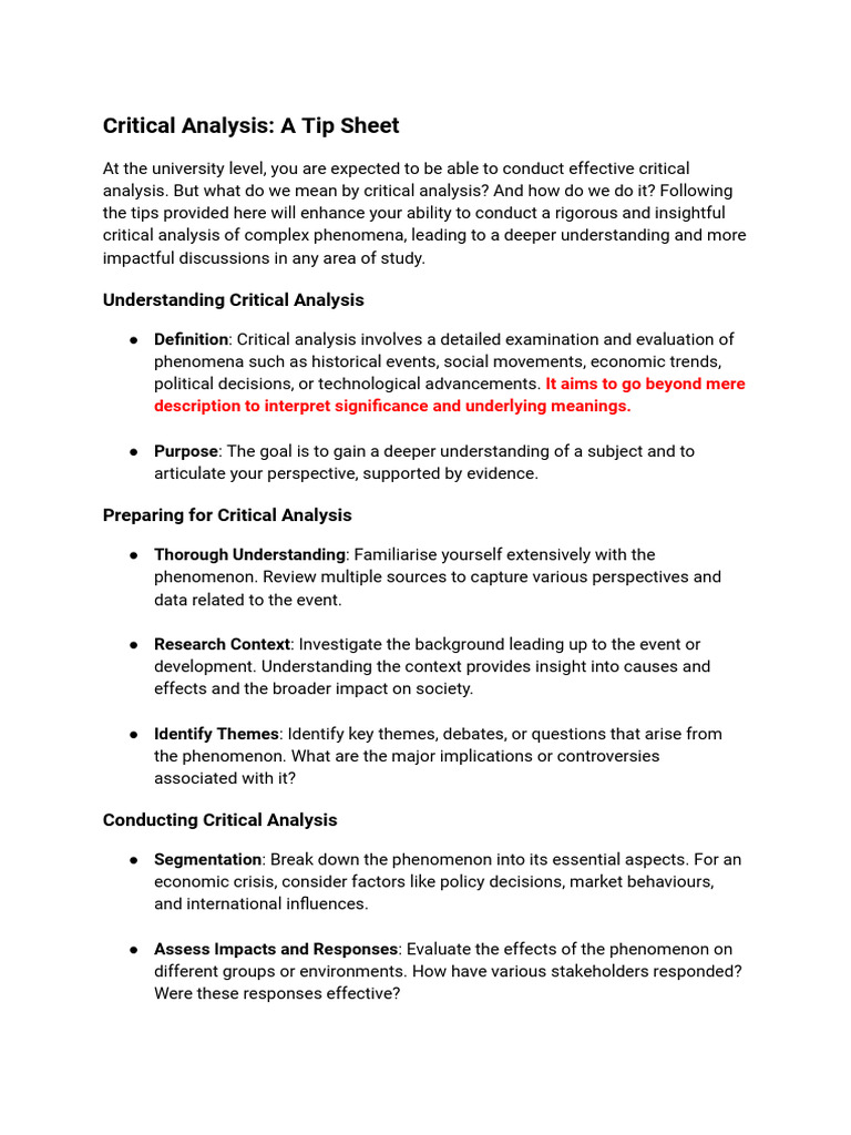 Critical Analysis Tip Sheet 1 | PDF
