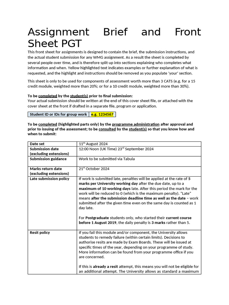 SPA WM999-15 Assignment Brief and Front Sheet PGT - Assignment 3 - Final | PDF | Cognition | Science