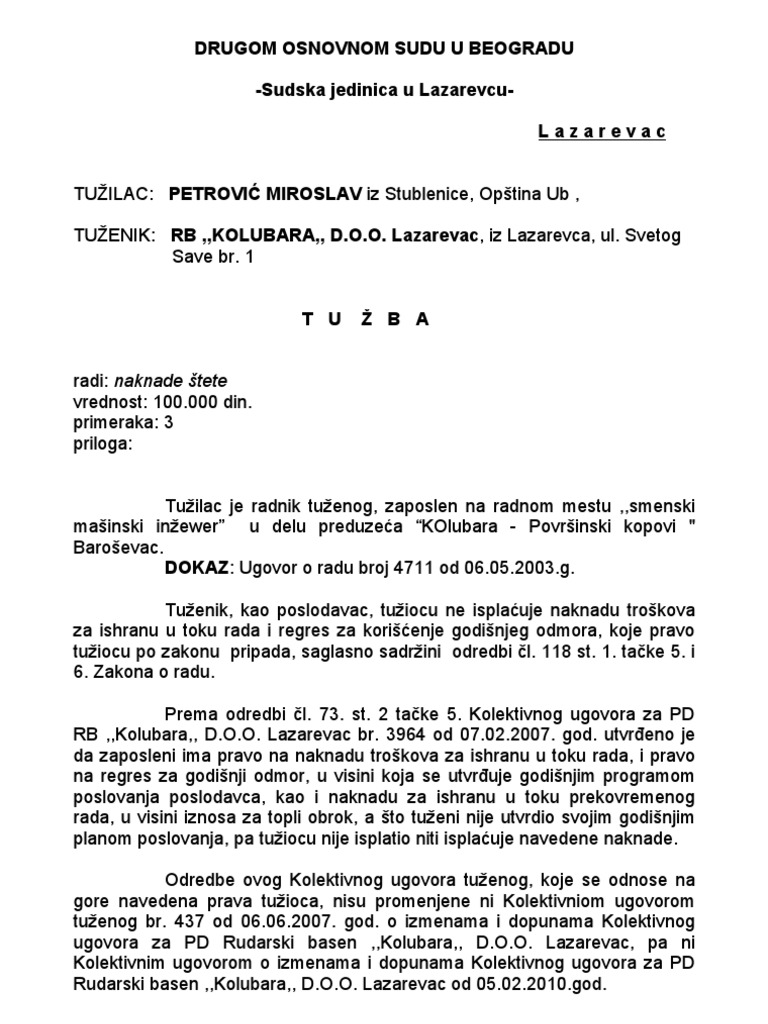 Tuzba Za Regres Petrović Miroslav | PDF