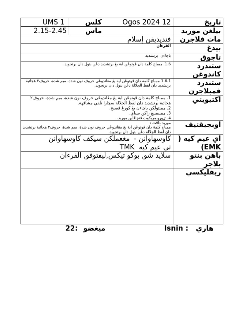 ISNIN RPH PAI (Quran) Tahun 1UMS M22 | PDF