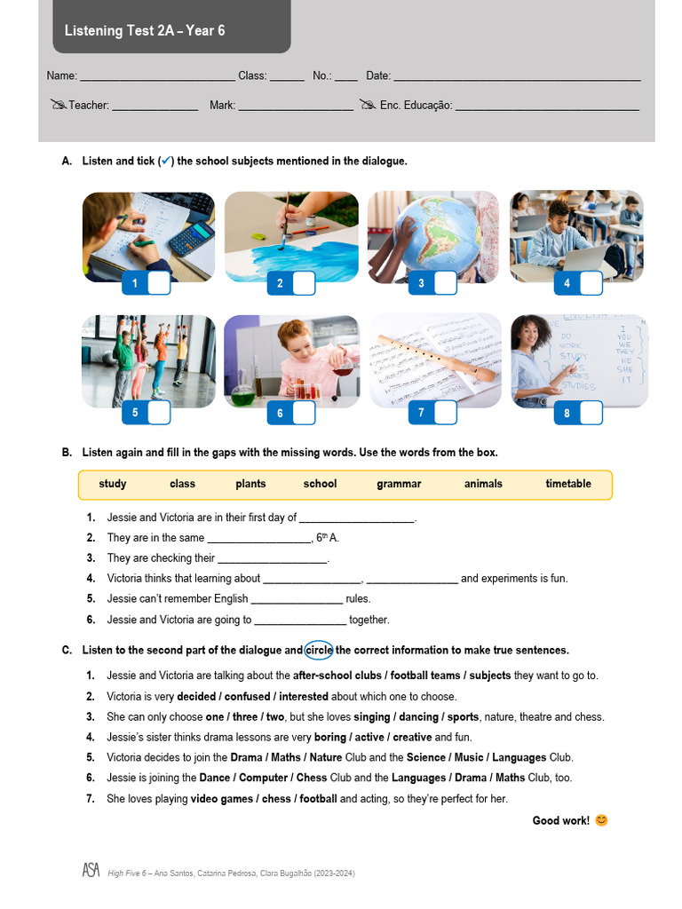 Listening Test2a Year 6 2023 2024 | PDF