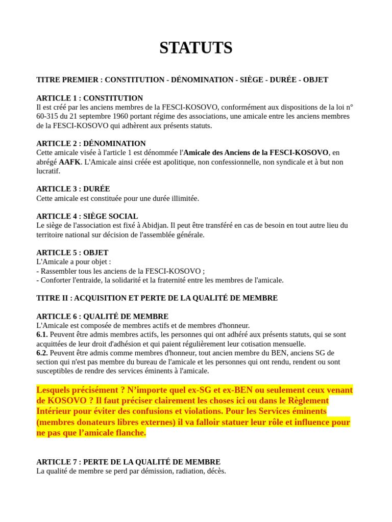 STATUTS ET RÈGLEMENT INTÉRIEUR - Version Corrigée Par ROOTOOR-1 | PDF
