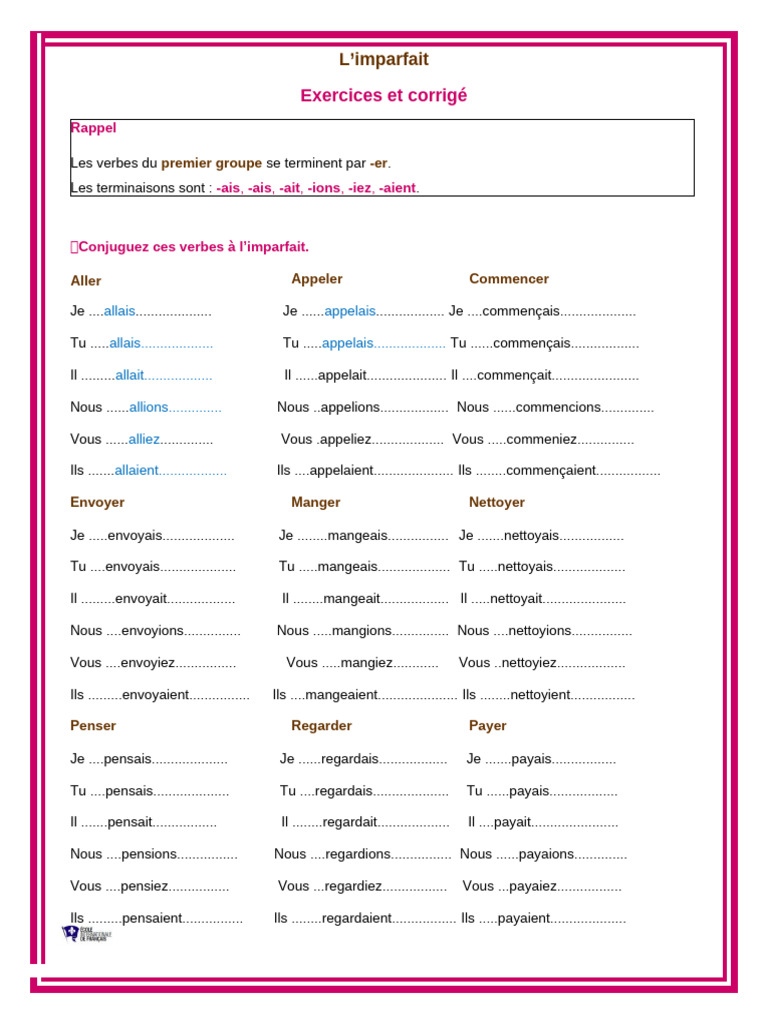 L'imparfait Conjugaison Exercices Et Corrigé | PDF