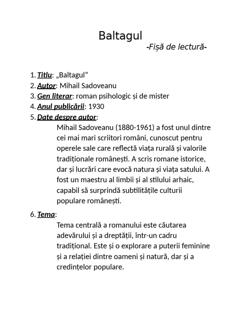 Baltagul - Fișă de Lectură | PDF