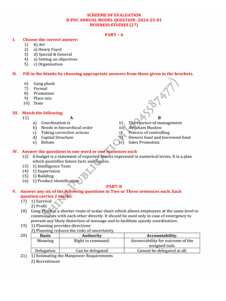 Business Studies Key Answers MQP-01 | PDF
