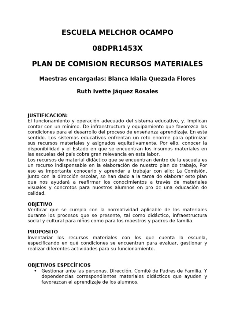 PLAN DE COMISION RECURSOS MATERIALES | PDF