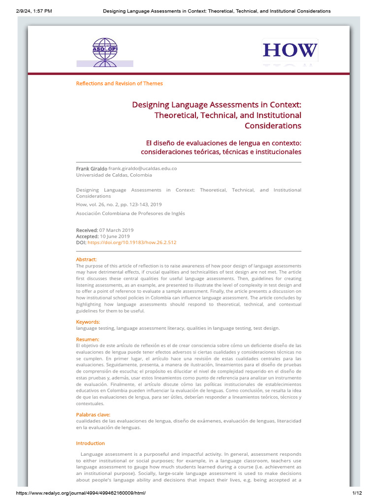 Designing Language Assessments in Context - Theoretical, Technical, and ...