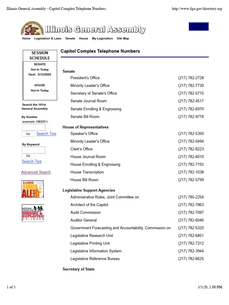 Illinois General Assembly - Capitol Complex Telephone Numbers | PDF