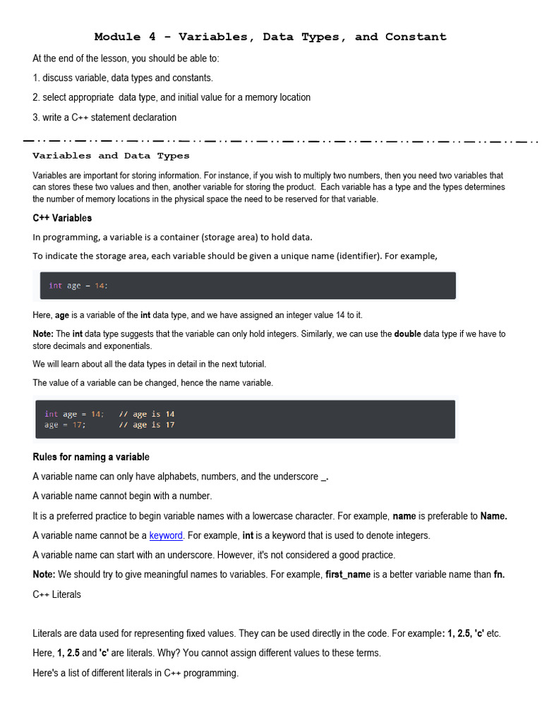 Lesson 4 | PDF | Data Type | Integer (Computer Science)
