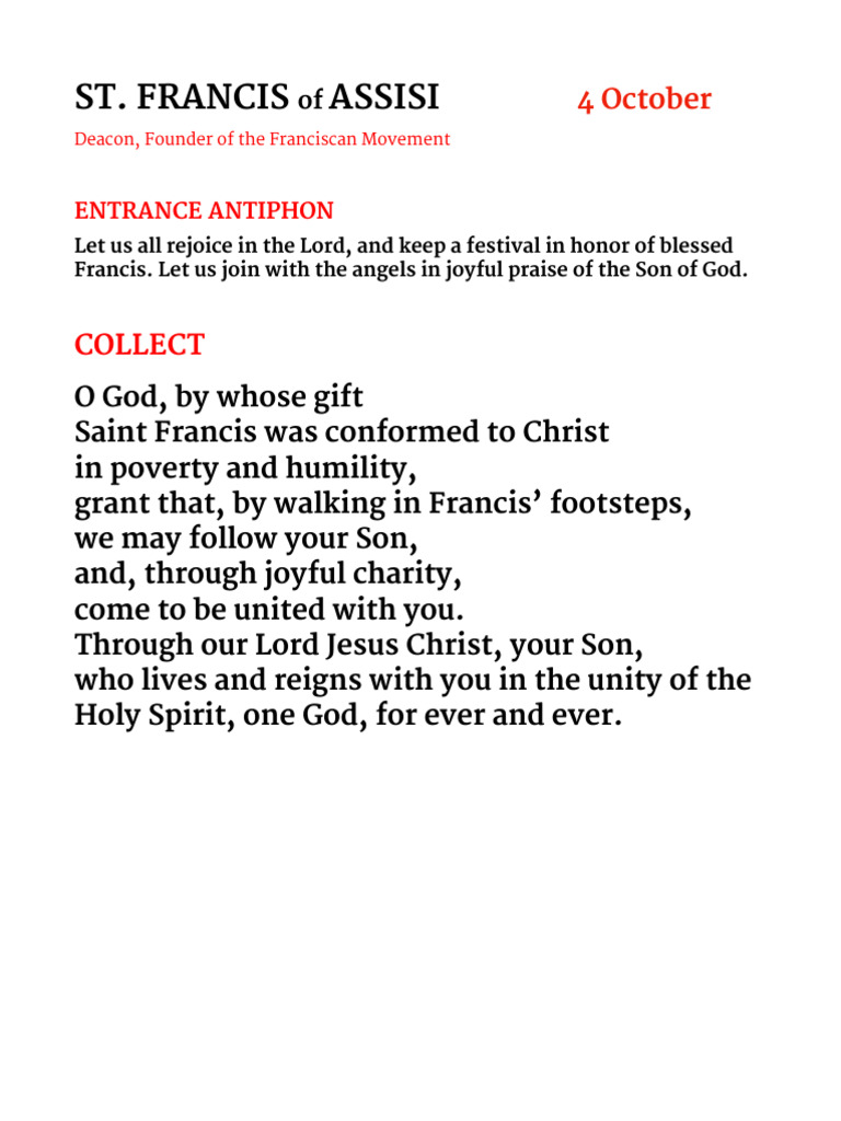 St. Francis of Assisi - Mass Readings & Texts | PDF