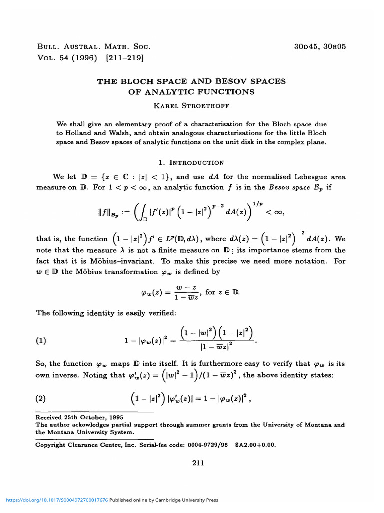 The Bloch Space and Besov Spaces of Analytic Functions | PDF