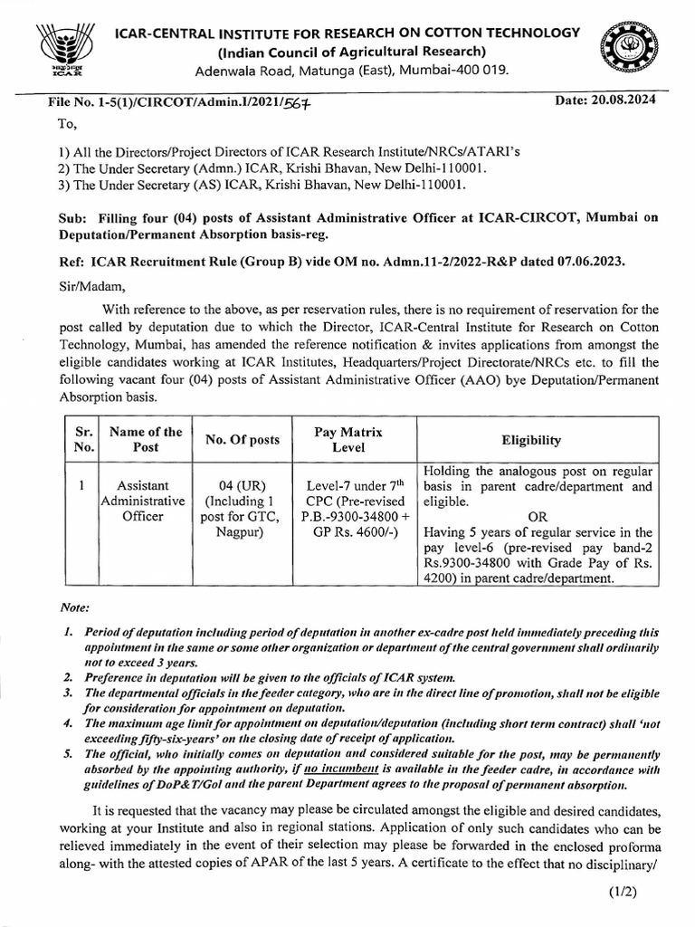 ICAR CIRCOT Assistant Administrative Officer AAO Notice 2024 | PDF