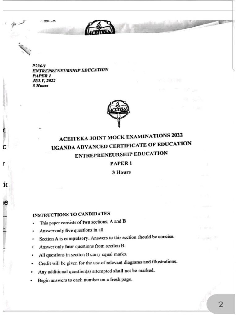 Aceiteka Mocks Uace pp1 2022 | PDF