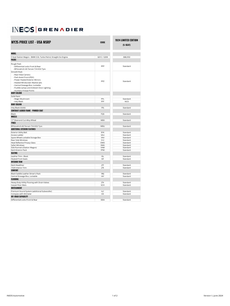 INEOS Grenadier 1924 - MY25 Price List - USA - Version 1 - June - 2024 ...