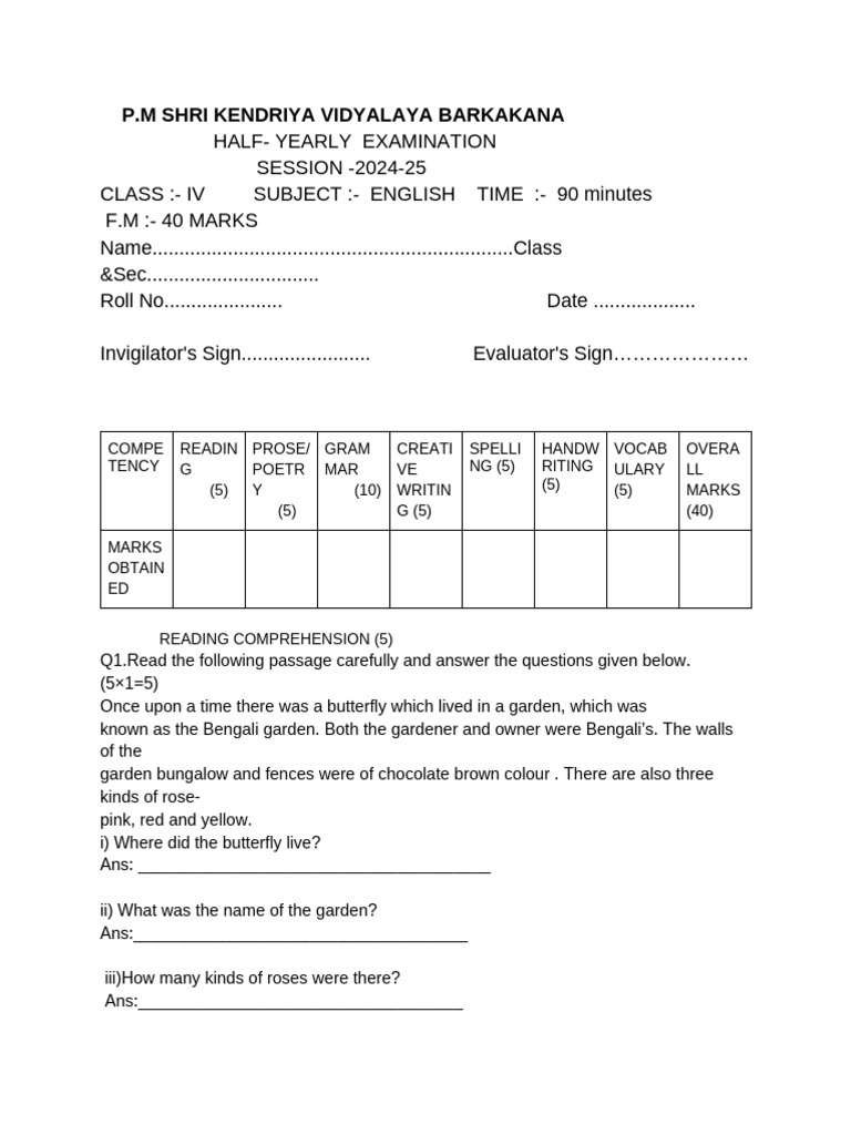 Class 4 English Half Yearly Question Paper | PDF