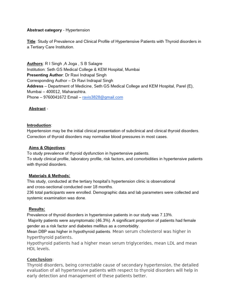 Abstract Hypertension and Thyroid Disorder | PDF