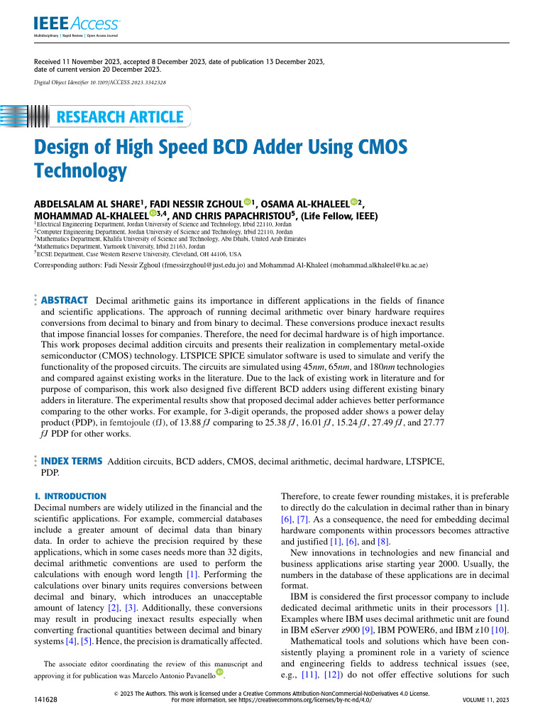 Design of High Speed BCD Adder Using CMOS Technology | PDF | Binary Coded Decimal | Computers