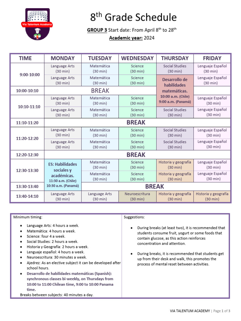 8th Grade Schedule Group 3 2024 | PDF