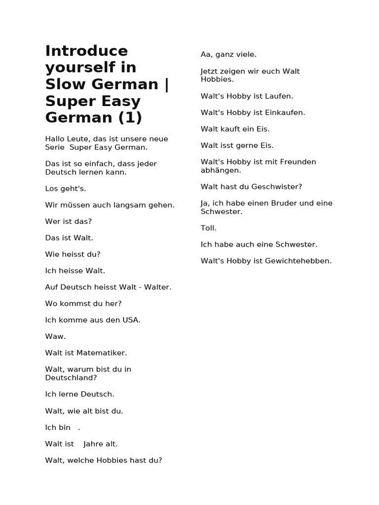 Introduce Yourself in Slow German - Super Easy German - 01 | PDF