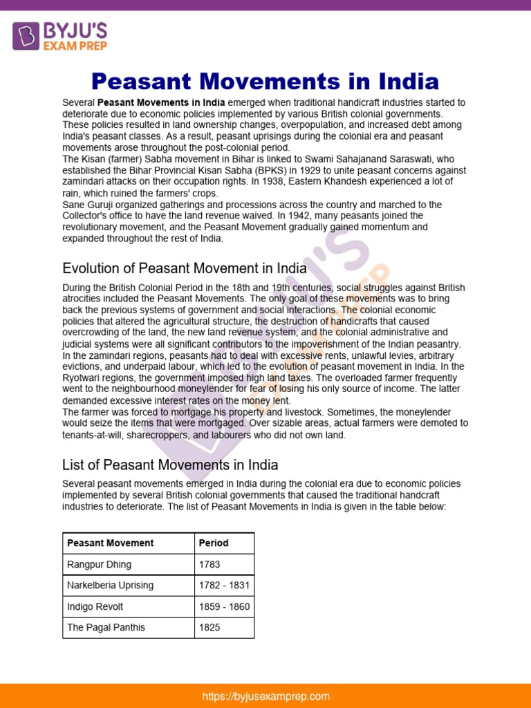 Peasant Movements in India Upsc Notes 22 | PDF