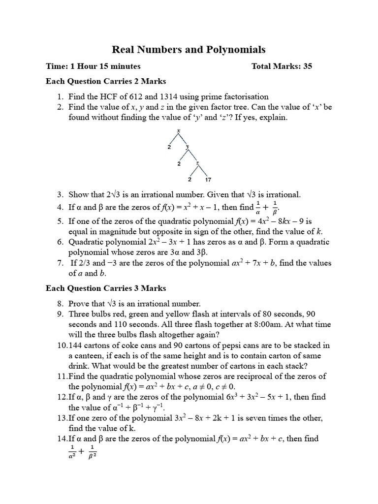 Real Numbers and Polynomials Test With Soln | PDF